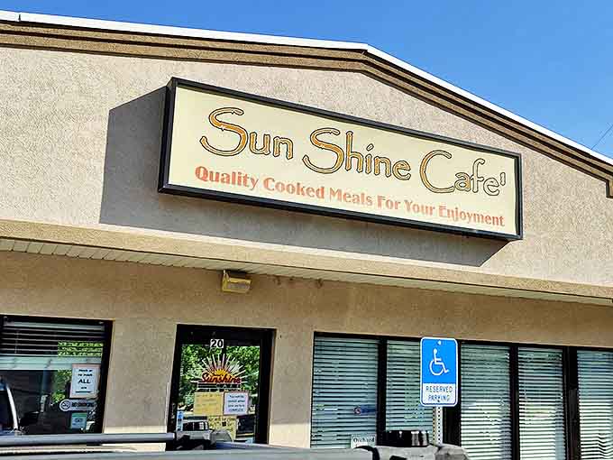 The unassuming exterior of Sunshine Cafe promises what Vegas billboards can't – authentic food that actually delivers on its "Quality Cooked Meals" pledge.