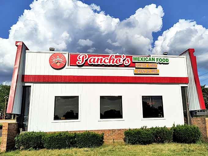 Pancho's bold red and white exterior stands like a beacon of hope for hungry travelers. That "OPEN 24 HRS" sign might be the most beautiful poetry in Kansas.