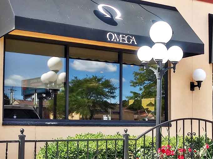 Classic globe lighting fixtures frame Omega's storefront, adding to the timeless appeal of this beloved Milwaukee breakfast institution.