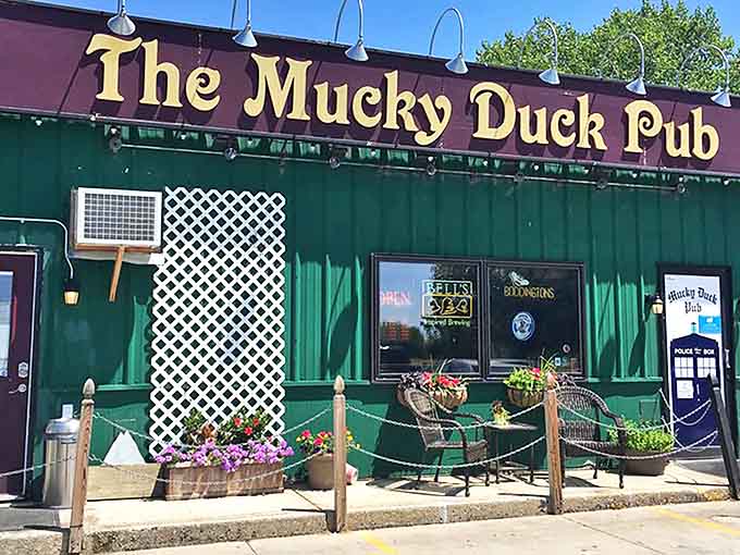 The emerald facade of The Mucky Duck Pub stands proudly in Ames, complete with its TARDIS sentinel&mdash;Britain calling Iowa, and Iowa answering with enthusiasm.

