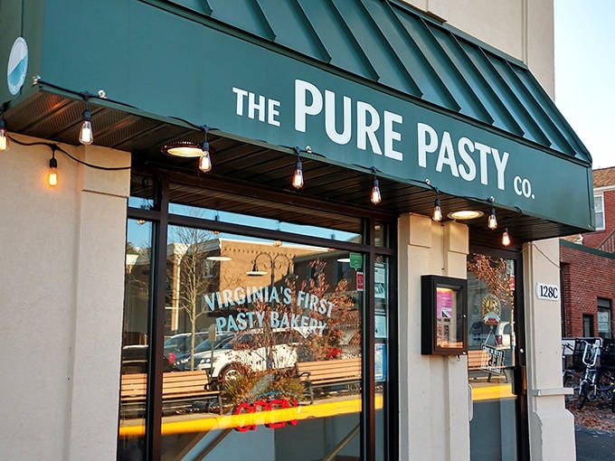 Warm string lights illuminate the welcoming entrance to Pure Pasty Co., where authentic Cornish tradition meets Virginia hospitality.