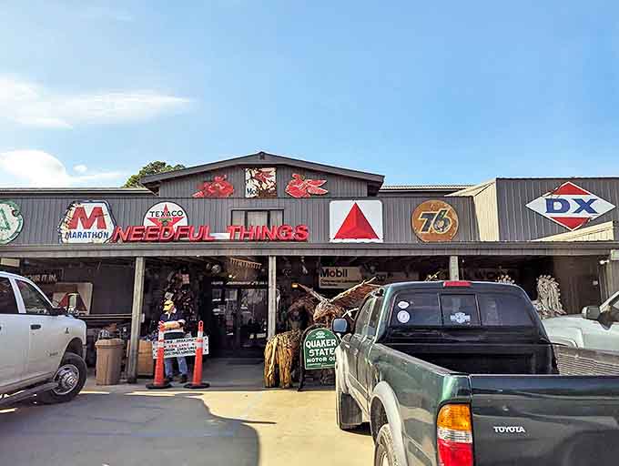 The exterior announces itself with vintage gas station signs, a roadside beacon for collectors. "Needful Things" indeed&mdash;Stephen King would approve of this treasure trove.
