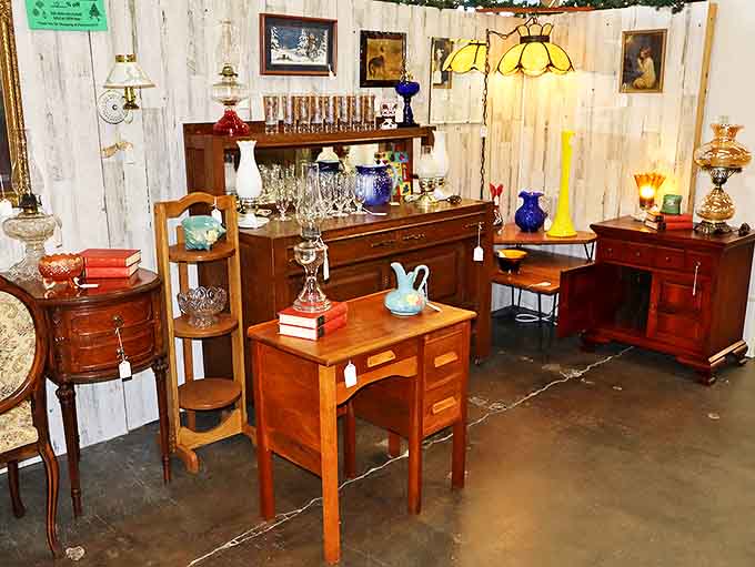 Antique furniture arranged with such care, it's like someone created a time-travel living room just for you.