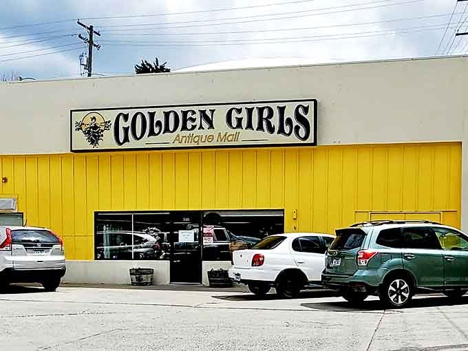 The sunshine-yellow exterior of Golden Girls Antique Mall stands out like a beacon of vintage treasures in Helena's landscape.