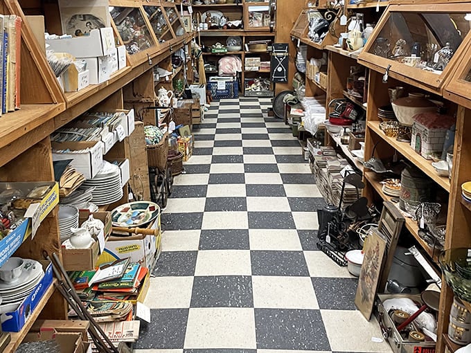 The classic black and white checkered floor stretches into infinity, like a chess game where every piece is a treasure waiting to be discovered.