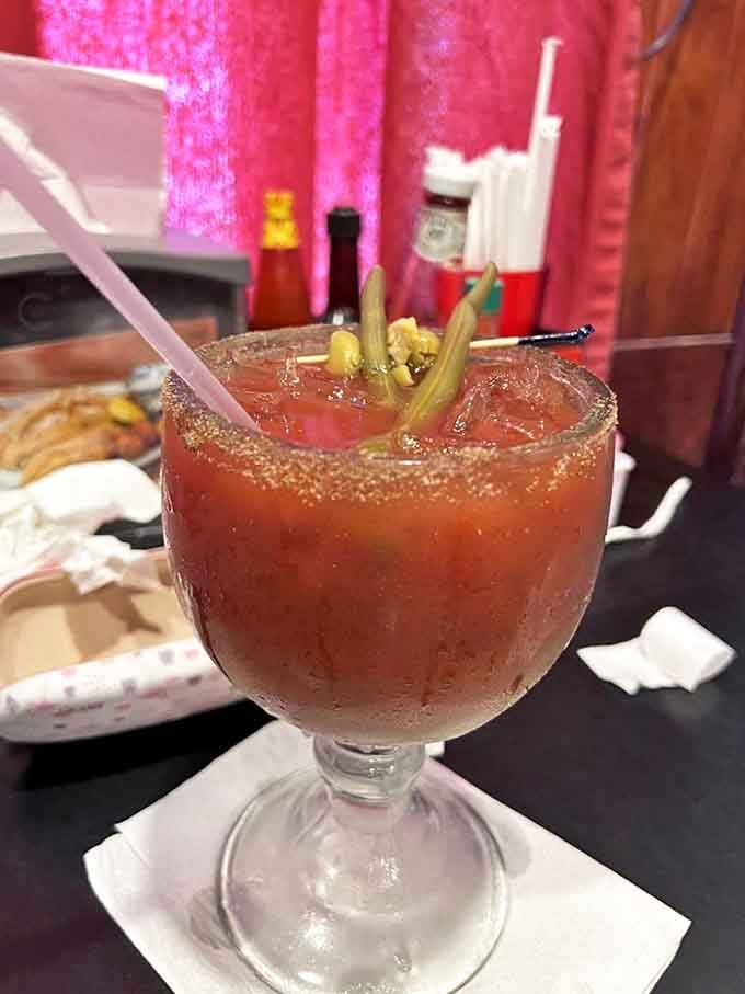 A Bloody Mary that understands the assignment. Those pickled green beans aren't garnish &ndash; they're the perfect dance partners for a tomato-based cocktail that means business.