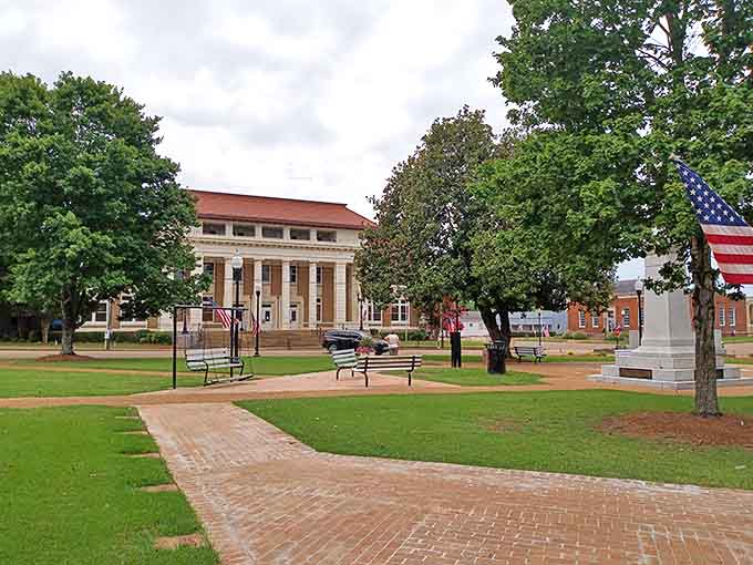 The courthouse square stands as Pontotoc's living room, where benches invite conversation and shade trees offer respite from Mississippi summers.