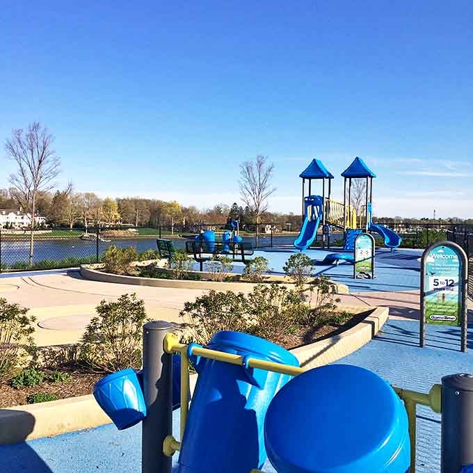 Modern playground equipment against pristine waters &ndash; where kids burn energy while parents burn with envy over waterfront property values.