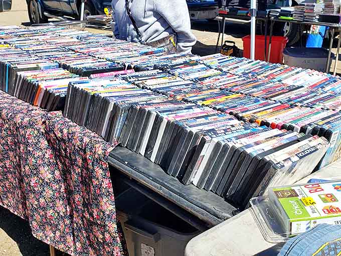 Vinyl records and DVDs create a time capsule of entertainment history where nostalgic browsers can rediscover forgotten favorites.