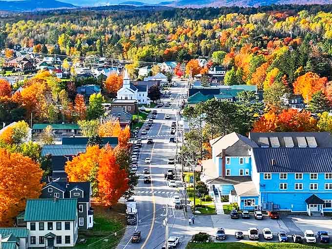Fall foliage frames Rangeley's Main Street in a display so vibrant it makes your high-definition TV look like it needs glasses.