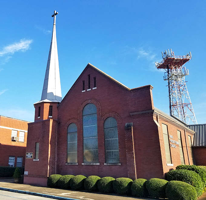 First Presbyterian's brick facade and soaring steeple stand as testament to Sheffield's spiritual heritage, a landmark that has witnessed countless Sunday mornings.