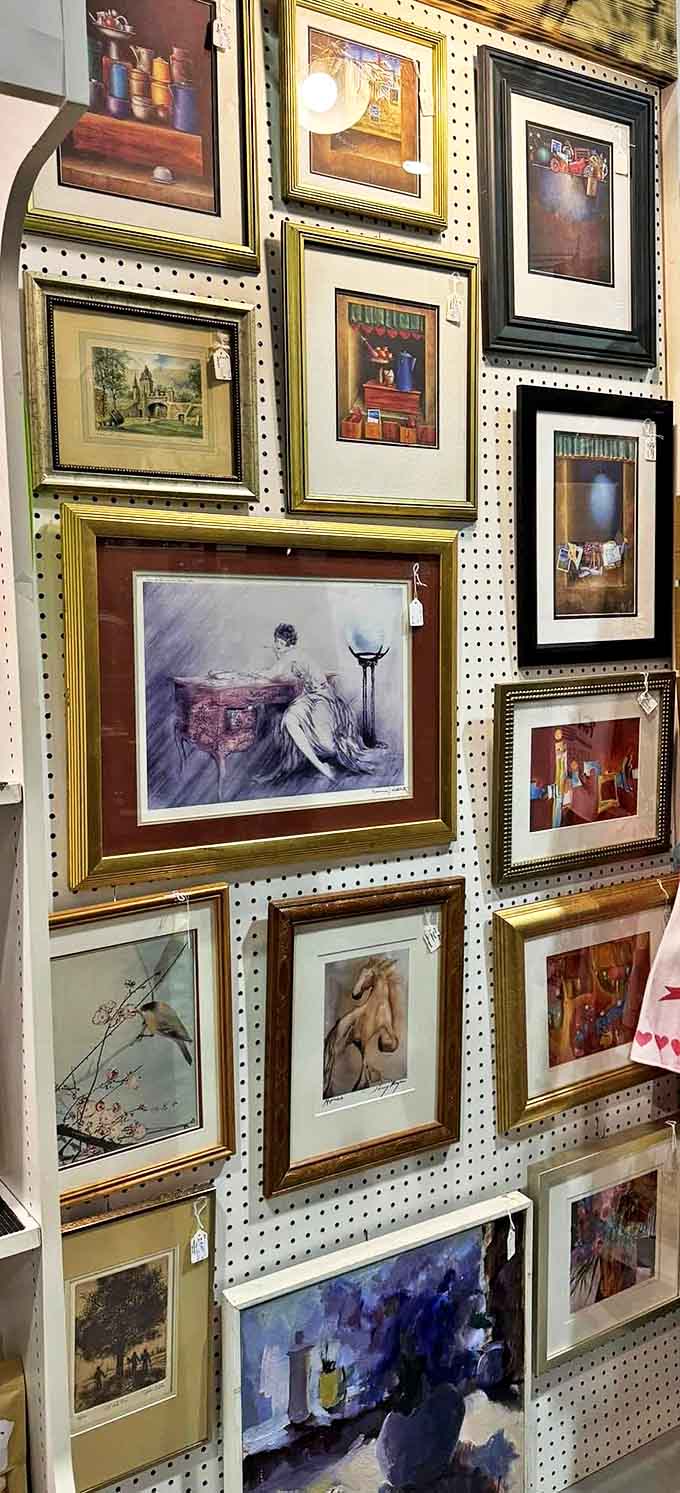 Wall-to-wall windows into other eras. These frames don't just hold art—they're portals to living rooms and hallways of decades past.