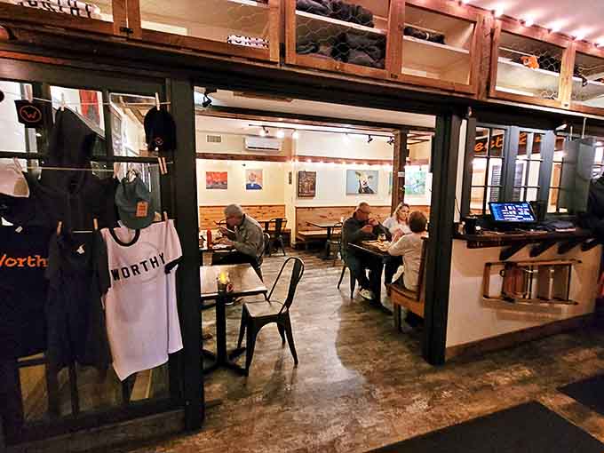 The bustling heart of Worthy Kitchen, where the magic happens and hungry patrons gather like pilgrims at a delicious shrine.