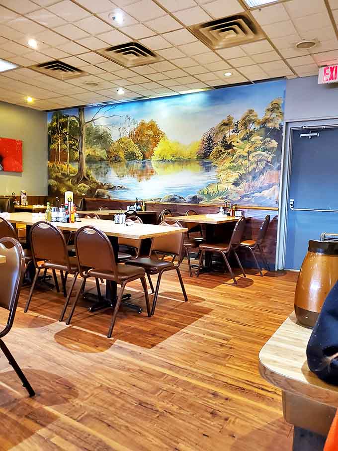 A landscape mural that transports you to peaceful Kansas countryside—visual comfort food while you enjoy the real thing.