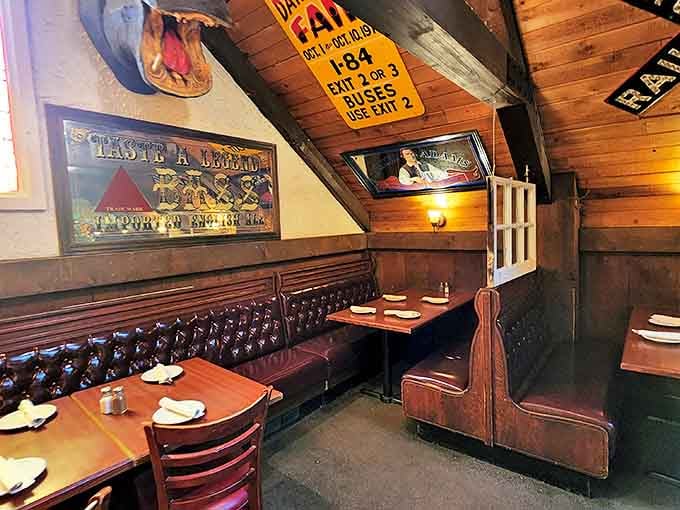 Cozy booths and warm wood paneling create dining nooks that feel like they're straight out of a Norman Rockwell painting.