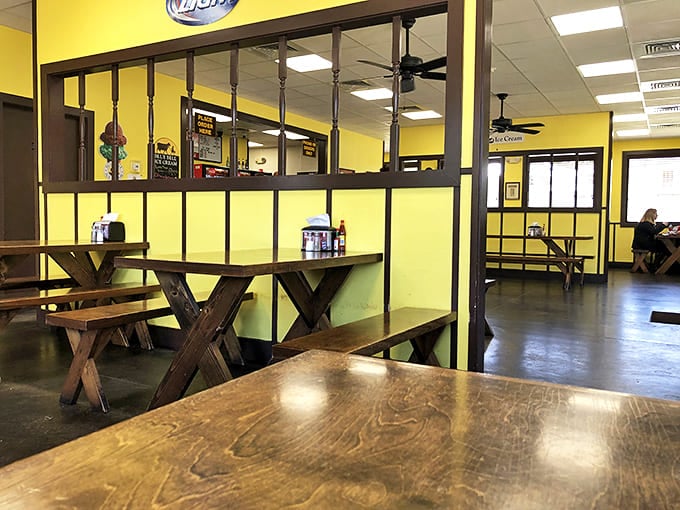 The dining area's wooden picnic-style tables invite conversation and community&mdash;exactly what good food should inspire.