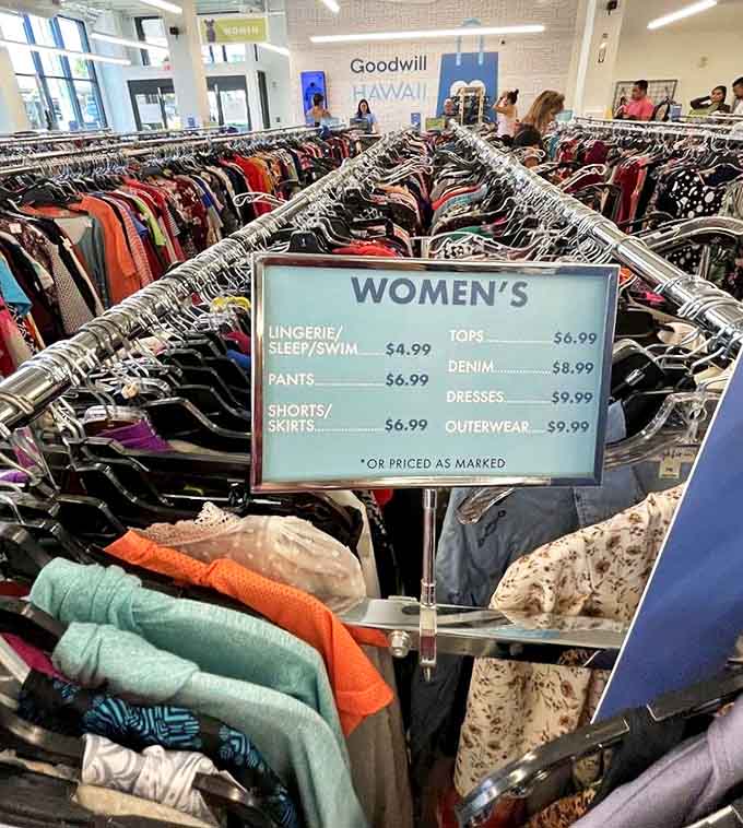 Women's fashion central, complete with helpful pricing guide. Navigate this sea of colors and fabrics to uncover hidden gems at prices that feel like typing errors.