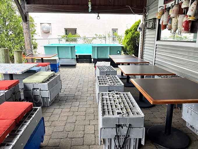 Outdoor seating where the ocean breeze seasons your meal with that distinctive Rhode Island saltiness.