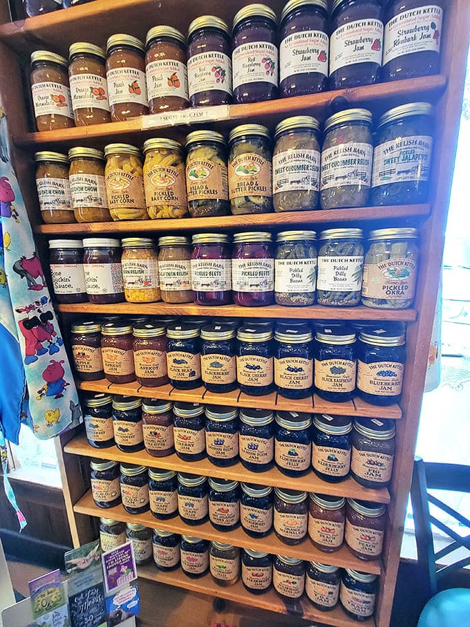 A treasure trove of homemade preserves and pickles that could stock a fallout shelter with deliciousness. Grandma's recipes, jarred and ready to take home.