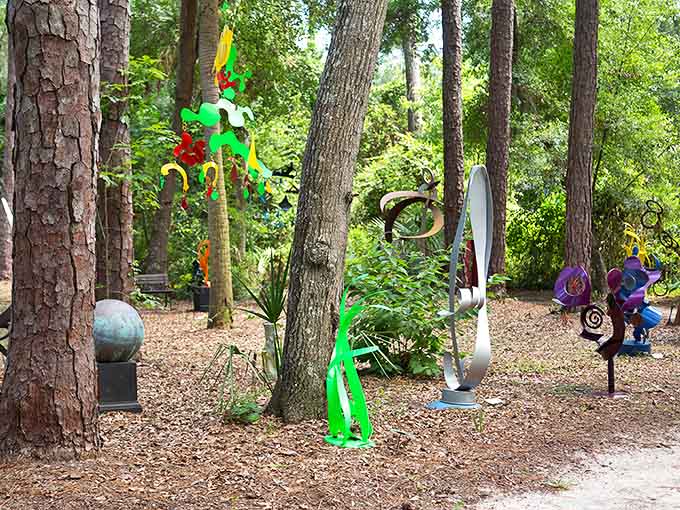 The Sculpture Garden transforms forest into fantasy, where colorful installations dance among pine trees in a whimsical outdoor gallery that changes with the seasons.