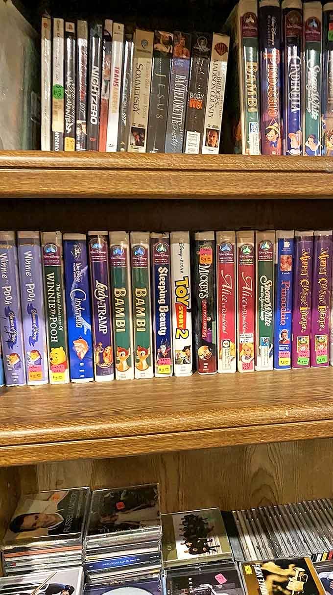 Disney classics on VHS—proof that before streaming subscriptions, entertainment came in plastic rectangles that needed rewinding.