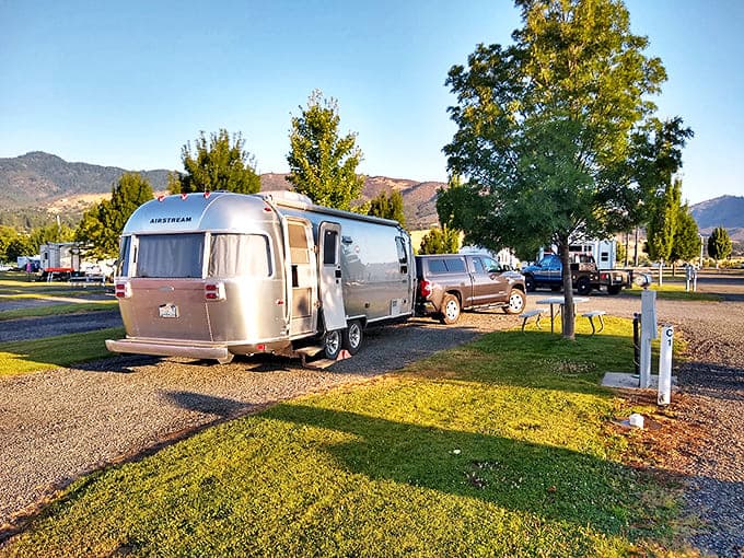 Airstream dreams come true at Yreka's RV park, where road warriors find respite beneath trees with mountain silhouettes as their backdrop.
