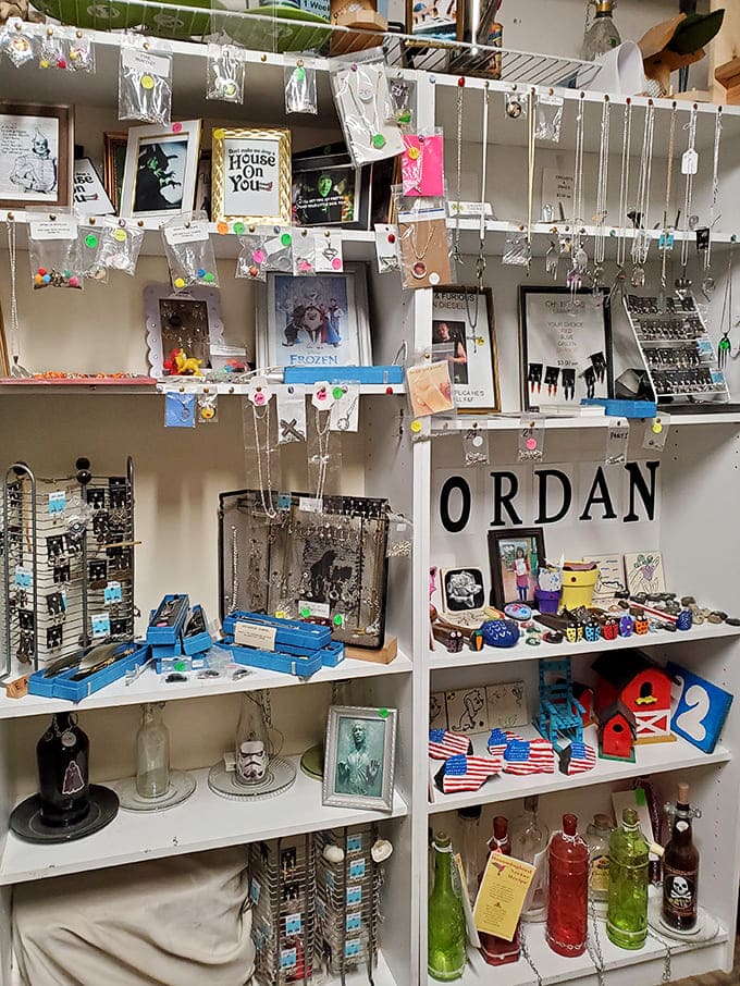 Jewelry, frames, and whimsical treasures &ndash; a collector's dream display where one person's "I don't need this" becomes your "I can't live without it!"