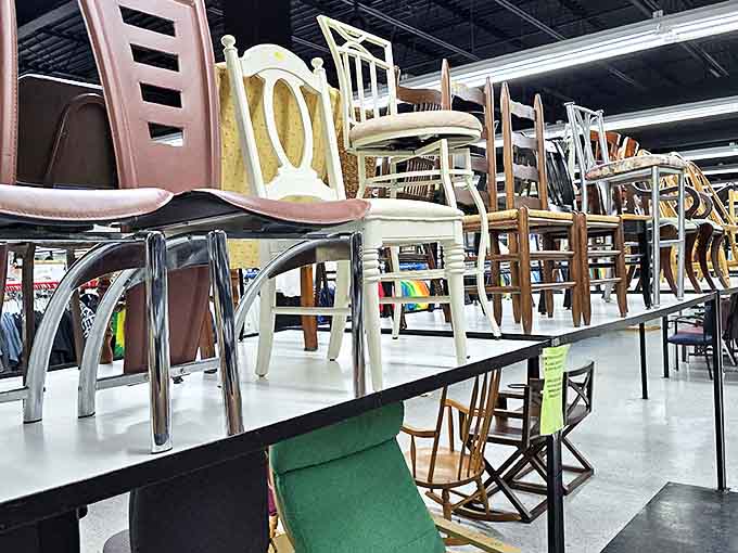 Chair-a-palooza! A lineup of seating contestants vying for the title of "Your Next Dining Set." That white one is definitely giving royal vibes.