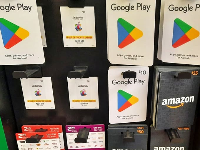 Digital meets discount as gift cards line up like soldiers. The modern convenience of Google Play and Amazon without premium pricing.