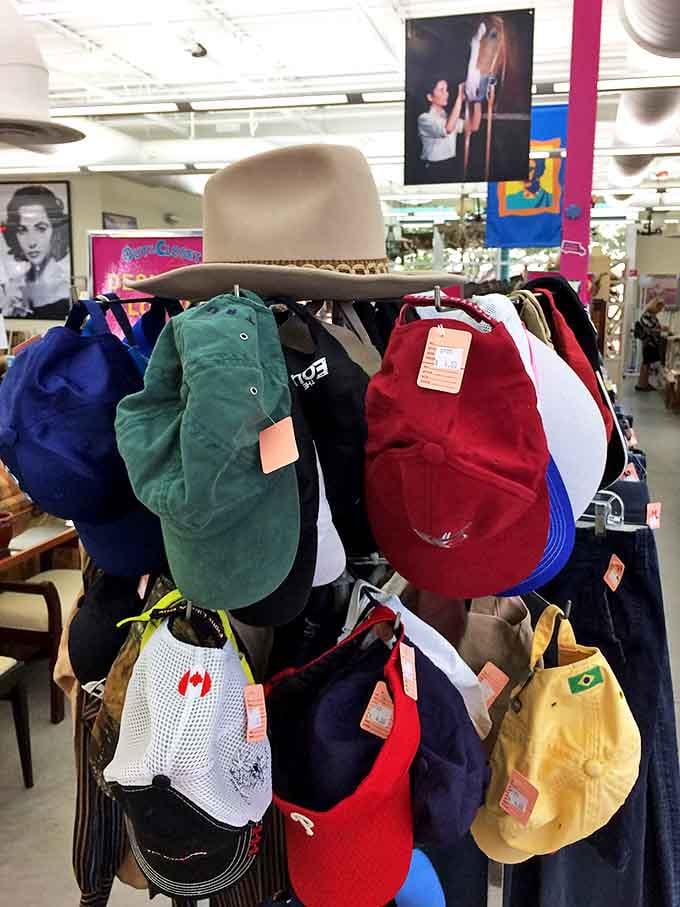 Hat heaven! From baseball caps to cowboy couture, this rotating display offers headwear solutions for bad hair days and beach vacations alike.