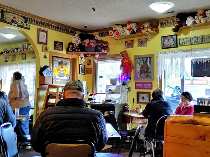 Bears of every size and species watch over diners from their yellow-walled kingdom, creating an atmosphere that's equal parts quirky and comforting.