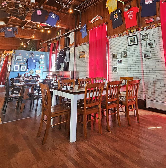T-shirts hanging from the ceiling like trophies of deliciousness &ndash; this dining room celebrates both firefighting heritage and good eating.