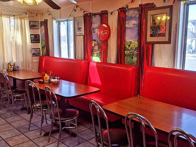 Red booths against red curtains&mdash;a diner that knows its color scheme is as important as its coffee. Simple, classic, and utterly inviting.