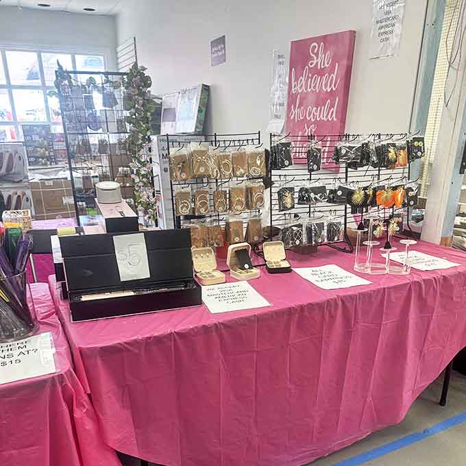 Jewelry displayed with pink-tablecloth elegance &ndash; where "I was just browsing" turns into "I'll take three" faster than you can say "perfect gift."