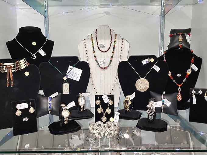 Jewelry that whispers tales of glamorous nights and special occasions past. Each necklace and brooch waiting for its second act in the spotlight.