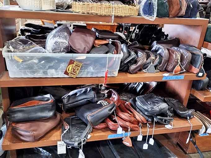 Leather bag heaven for the accessory enthusiast. That messenger bag might have carried important documents or just someone's lunch.