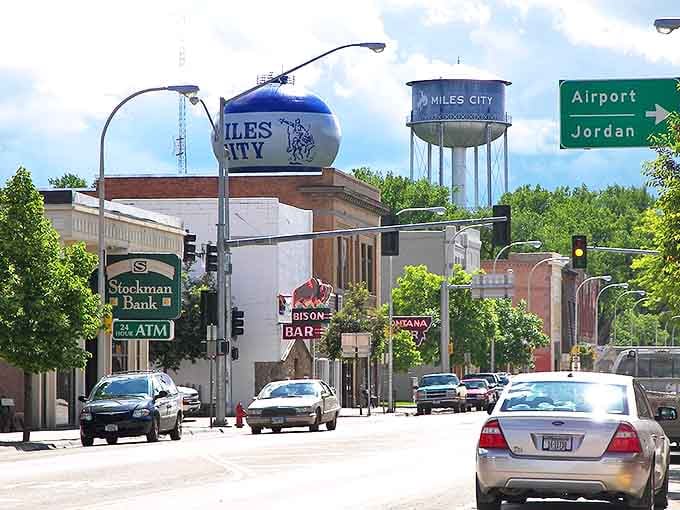 That water tower says it all—you've arrived somewhere special. Miles City's main drag offers the essentials without the traffic headaches of larger towns.