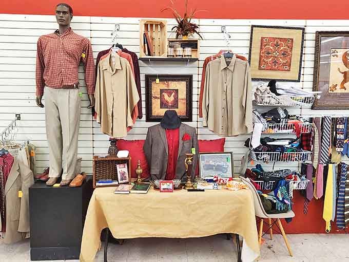 Men's fashion displayed with unexpected flair. That mannequin looks better dressed than most of us on a Monday morning.