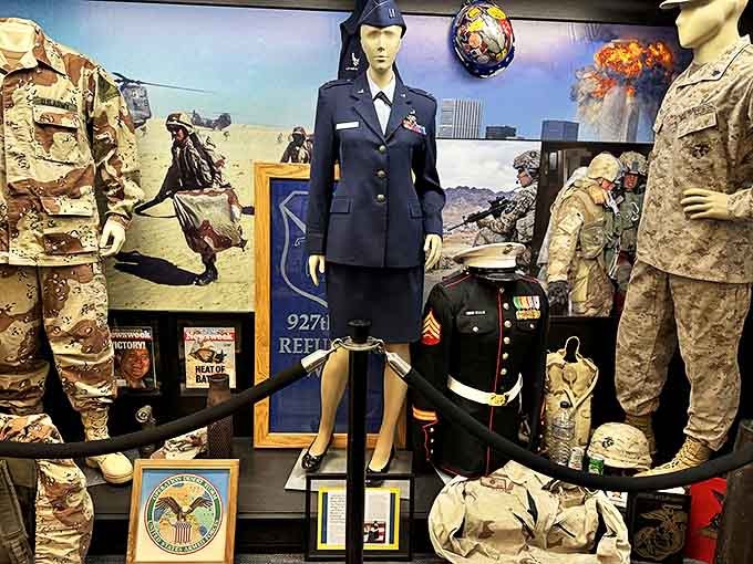 This military display honors service members while offering a poignant reminder that some things matter more than finding the perfect sale.