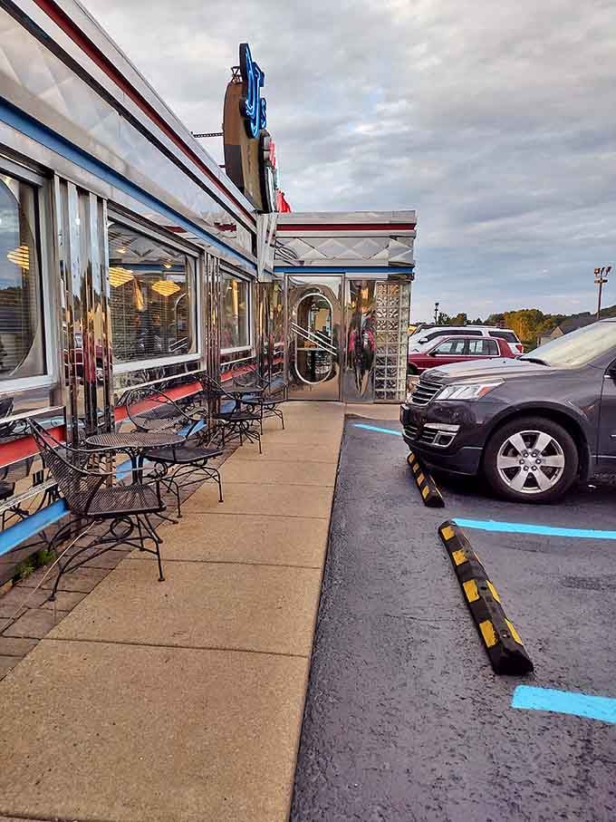 Even the outdoor seating maintains that classic chrome diner aesthetic&mdash;perfect for people-watching while sipping your chocolate malt.
