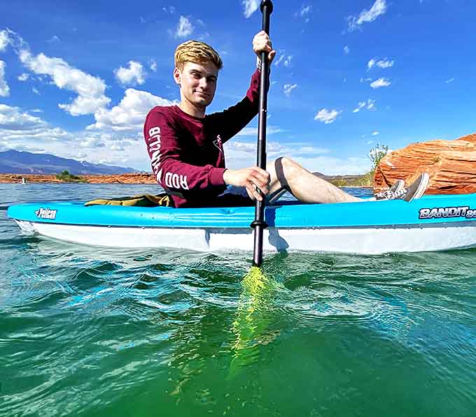The paddleboarder's perspective: half immersed in cool blue, half mesmerized by warm red landscapes.