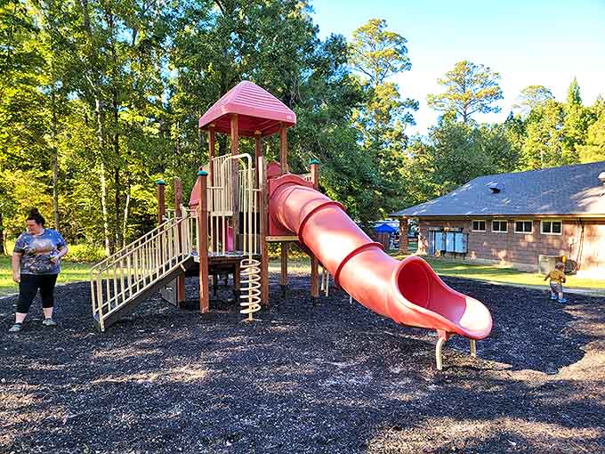 This playground promises childhood adventures while parents enjoy the rare sound of "I'm not bored!" echoing through the pines.