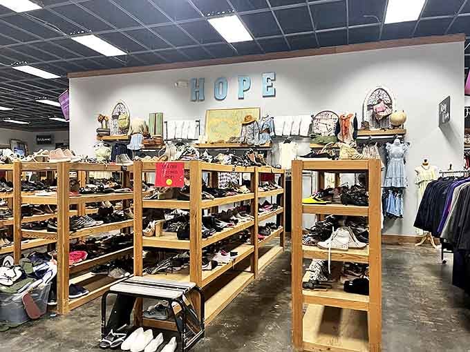 Shoe lovers rejoice! These wooden shelves hold footwear treasures waiting to be discovered, from barely-worn boots to pristine pumps.