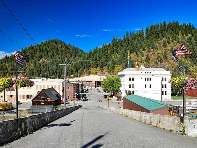 Wallace's hillside perspective reveals a town that refuses to be forgotten. American flags flutter proudly above streets lined with history and determination.