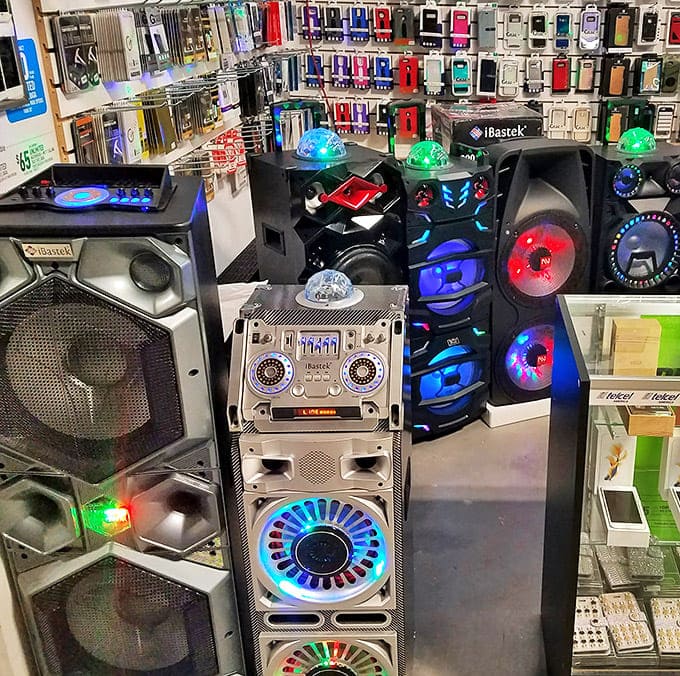 The speaker wall pumps visual energy before making a sound – a DJ's dream or your neighbor's nightmare, depending on your perspective.