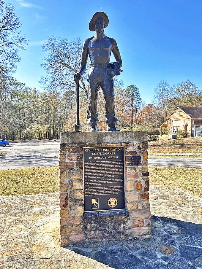 This statue honors the CCC workers who shaped Tishomingo, proving that some of the best landscaping was done before power tools existed.