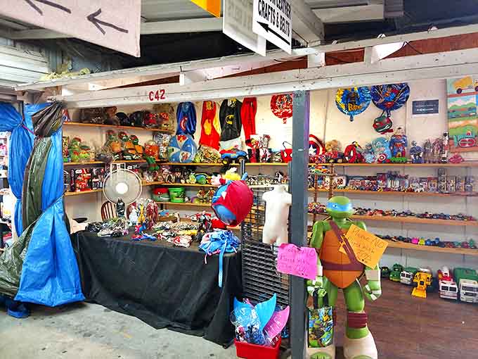 Superhero headquarters disguised as a toy booth. Teenage Mutant Ninja Turtles stand guard over childhood memories waiting to be adopted by new generations.