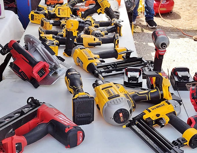 Professional-grade power tools await their next project, offering serious equipment at flea market friendly prices.
