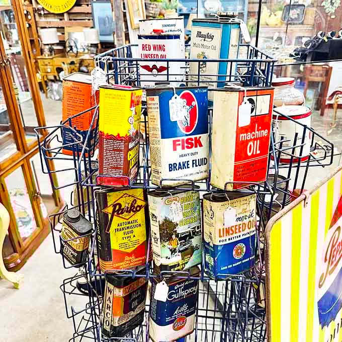 Vintage oil cans that once lubricated America's love affair with the automobile, now preserved as colorful time capsules of road trips past.