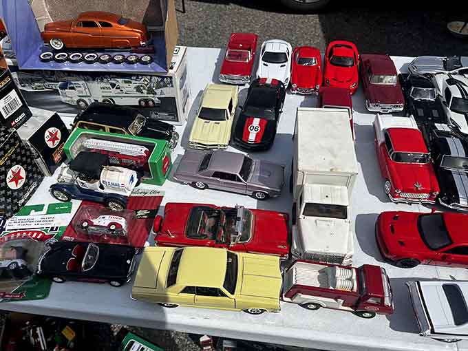 Miniature cars lined up with military precision&mdash;childhood dreams parked in rows, waiting for collectors to drive them home.
